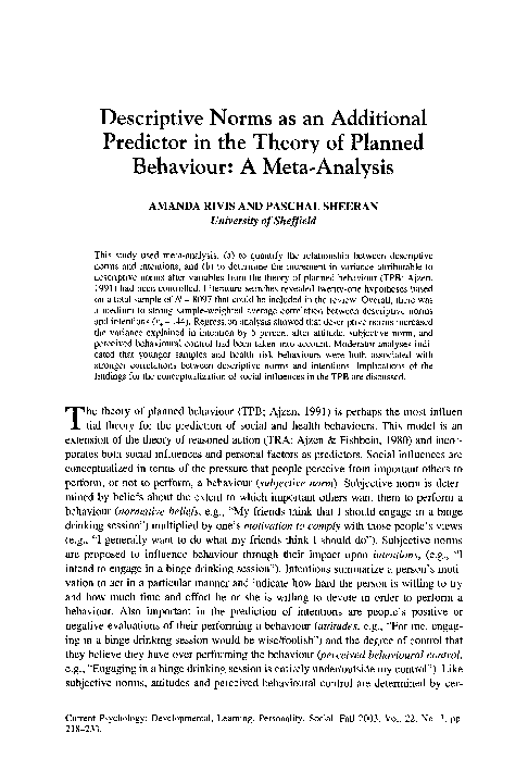 (PDF) Descriptive norms as an additional predictor in the theory of planned behaviour: A meta ...
