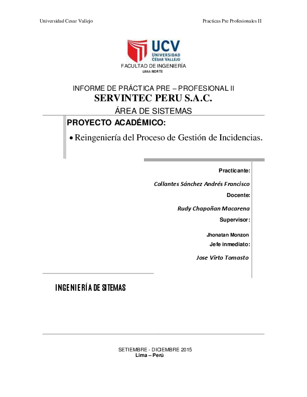 (PDF) INFORME DE PRÁCTICA PRE – PROFESIONAL II I N G E N I E R Í A DE SITEMAS