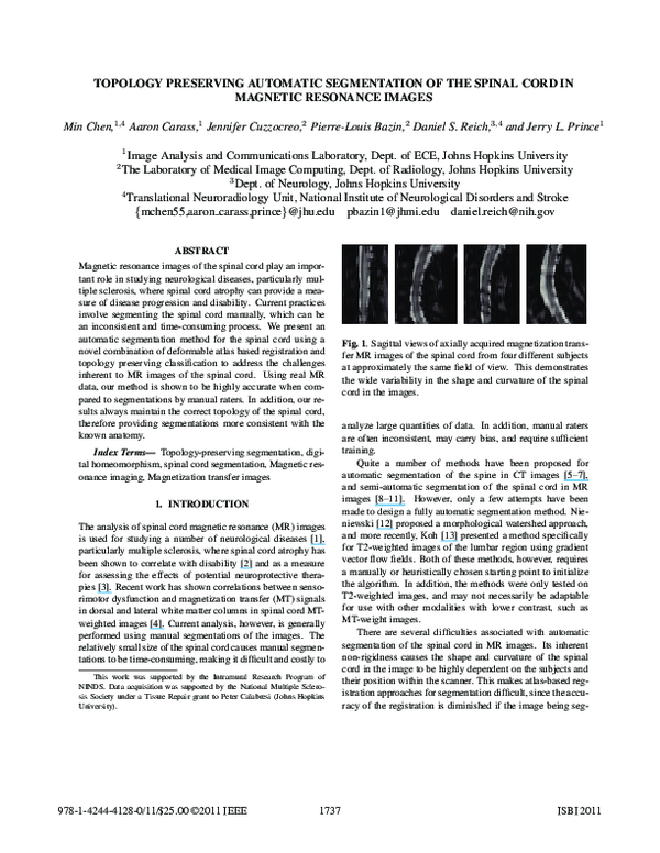 (PDF) Topology preserving automatic segmentation of the spinal cord in magnetic resonance images