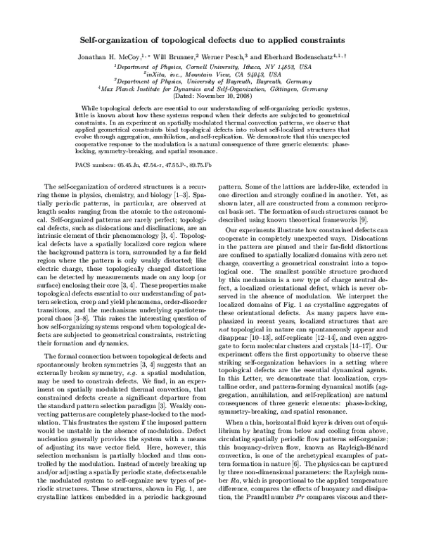 (PDF) Self-Organization of Topological Defects due to Applied Constraints