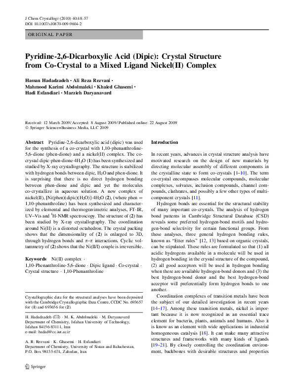 (PDF) Pyridine-2,6-Dicarboxylic Acid (Dipic): Crystal Structure from Co-Crystal to a Mixed ...