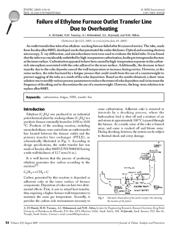 (PDF) Failure of ethylene furnace outlet transfer line due to overheating