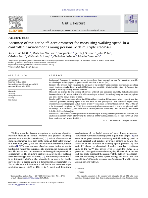 (PDF) Accuracy of the actibelt® accelerometer for measuring walking ...