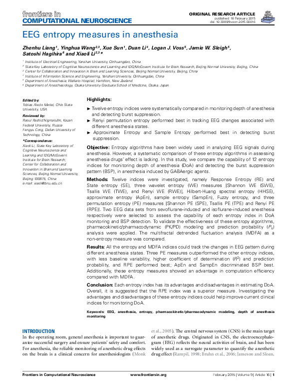 (PDF) EEG entropy measures in anesthesia