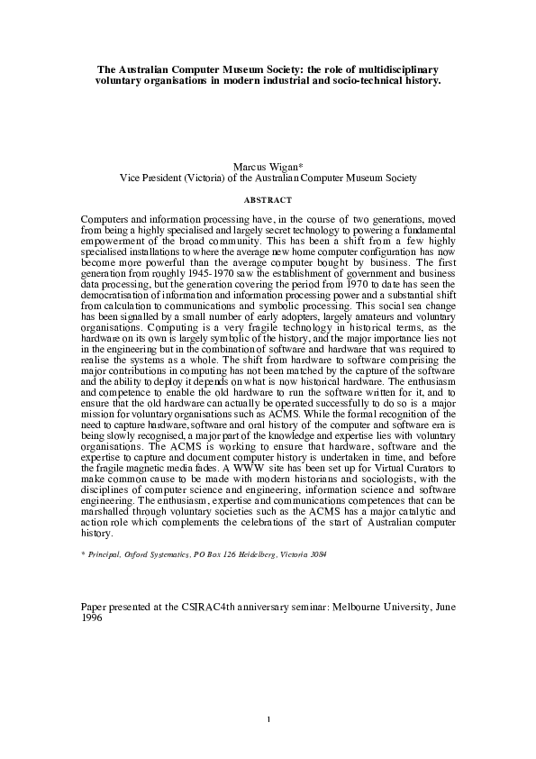 (PDF) The Australian Computer Museum Society: the role of ...