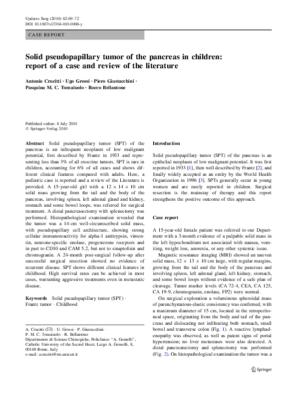 (PDF) Solid pseudopapillary tumor of the pancreas in children: report of a case and review of ...