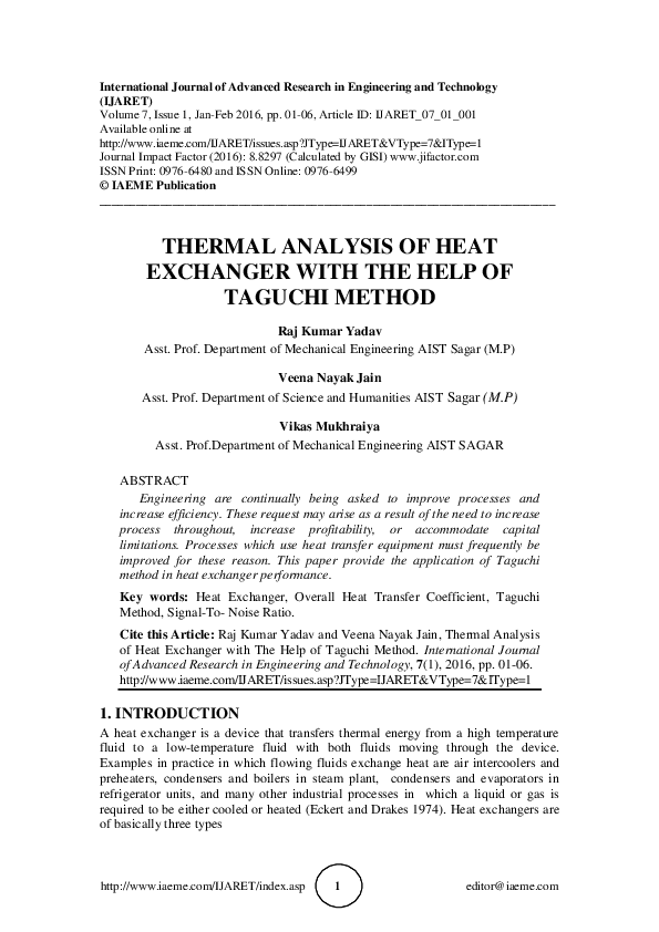 (PDF) THERMAL ANALYSIS OF HEAT EXCHANGER WITH THE HELP OF TAGUCHI METHOD