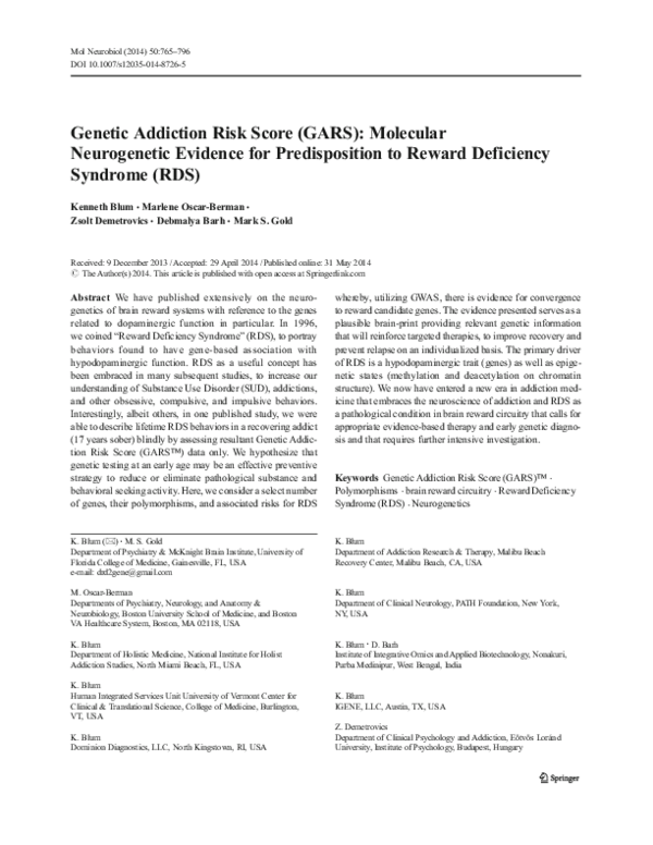 (PDF) Have We Hatched the Addiction Egg: Reward Deficiency Syndrome ...