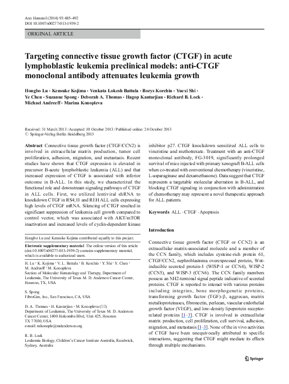 (PDF) Targeting connective tissue growth factor (CTGF) in acute lymphoblastic leukemia ...