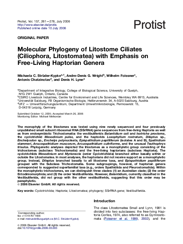 (PDF) Phylogeny and classification of the Litostomatea (Protista ...