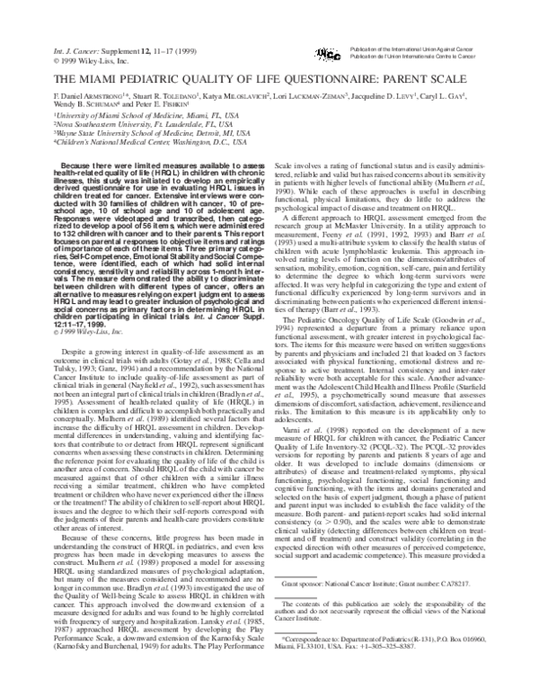 (PDF) The Miami Pediatric Quality of Life Questionnaire: Parent ...