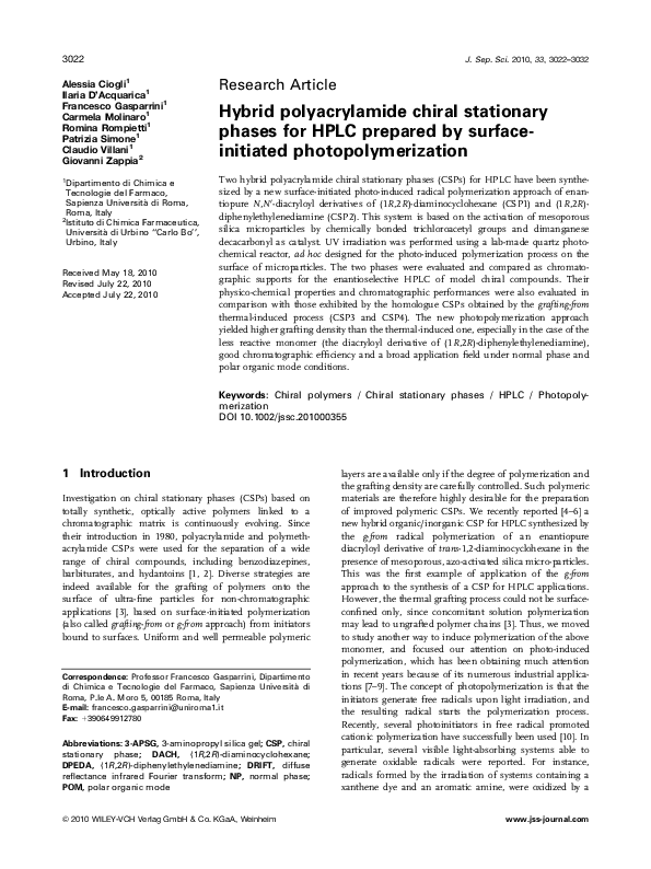 (PDF) Hybrid polyacrylamide chiral stationary phases for HPLC prepared ...