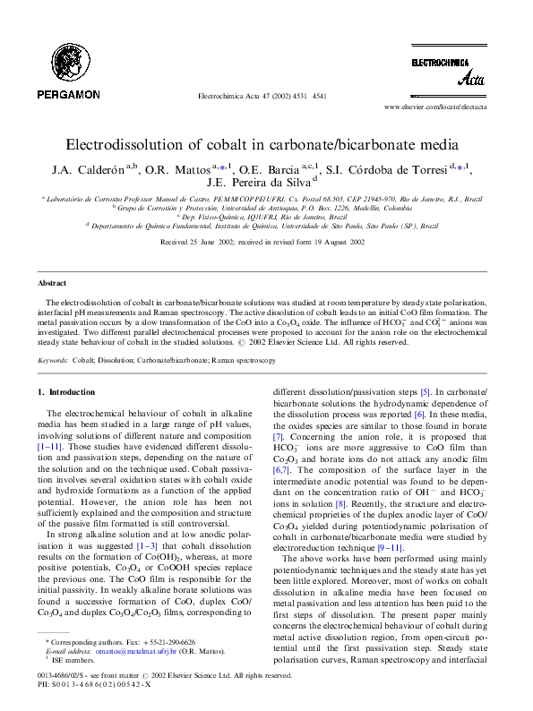 (PDF) Electrodissolution of cobalt in carbonate/bicarbonate media