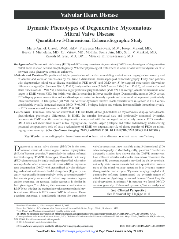 (PDF) Dynamic phenotypes of degenerative myxomatous mitral valve disease: quantitative 3 ...