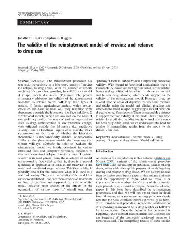 (PDF) The validity of the reinstatement model of craving and relapse to ...
