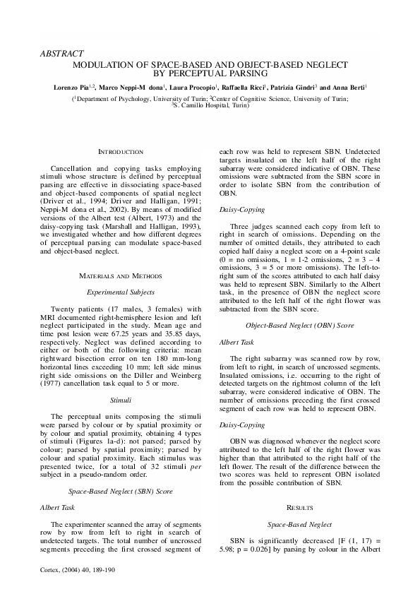 (PDF) Modulation of Space-Based and Object-Based Neglect by Perceptual Parsing