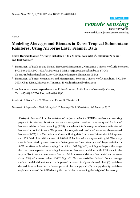 (PDF) Modeling Aboveground Biomass in Dense Tropical Submontane Rainforest Using Airborne Laser ...