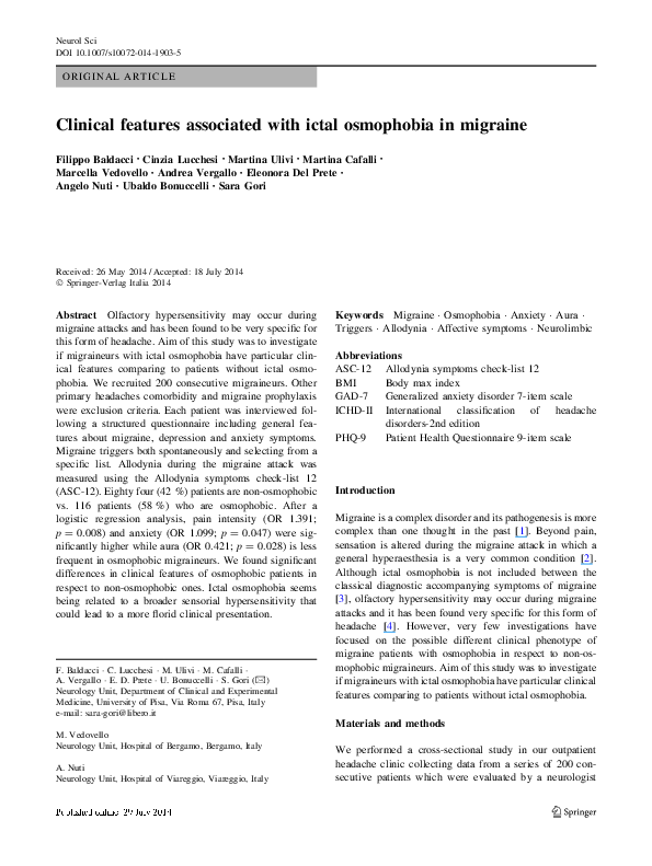 (PDF) Clinical features associated with ictal osmophobia in migraine