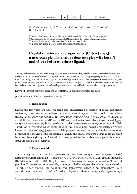 (PDF) Crystal structure and properties of [Cu(sac)2(py)3], a new ...