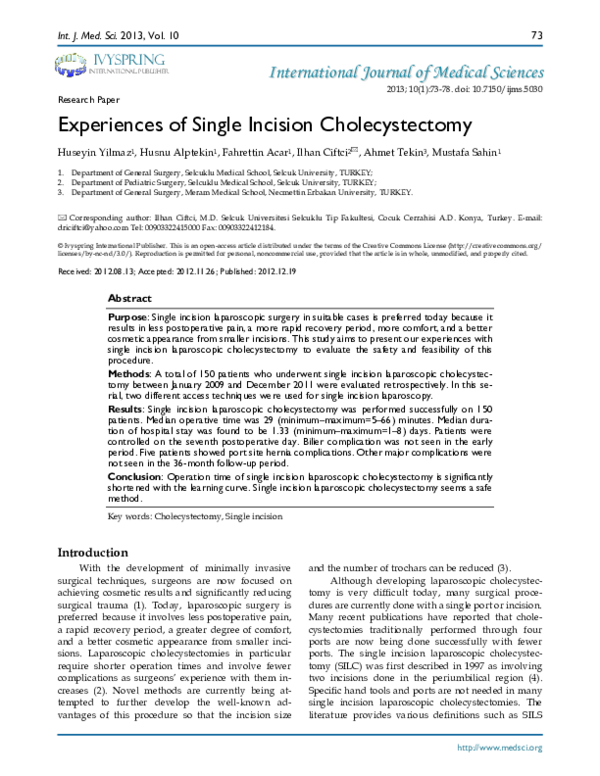 (PDF) Experiences of Single Incision Cholecystectomy