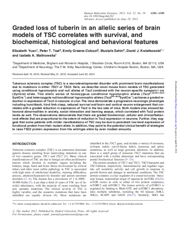 (PDF) Graded loss of tuberin in an allelic series of brain models of ...