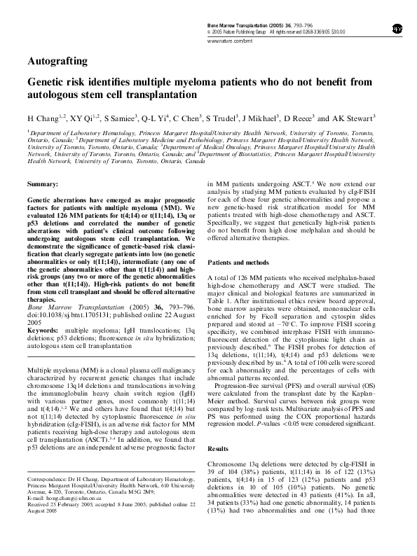 (PDF) Genetic risk identifies multiple myeloma patients who do not ...
