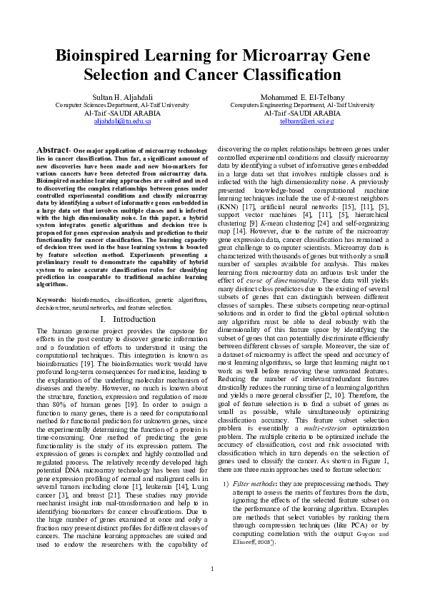 (PDF) Bioinspired learning for microarray Gene selection and cancer classification