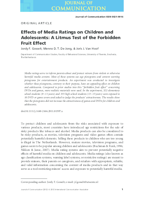 (PDF) Effects of Media Ratings on Children and Adolescents: A Litmus ...