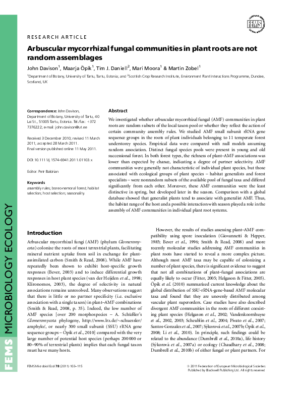 (PDF) Arbuscular mycorrhizal fungal communities in plant roots are not random assemblages