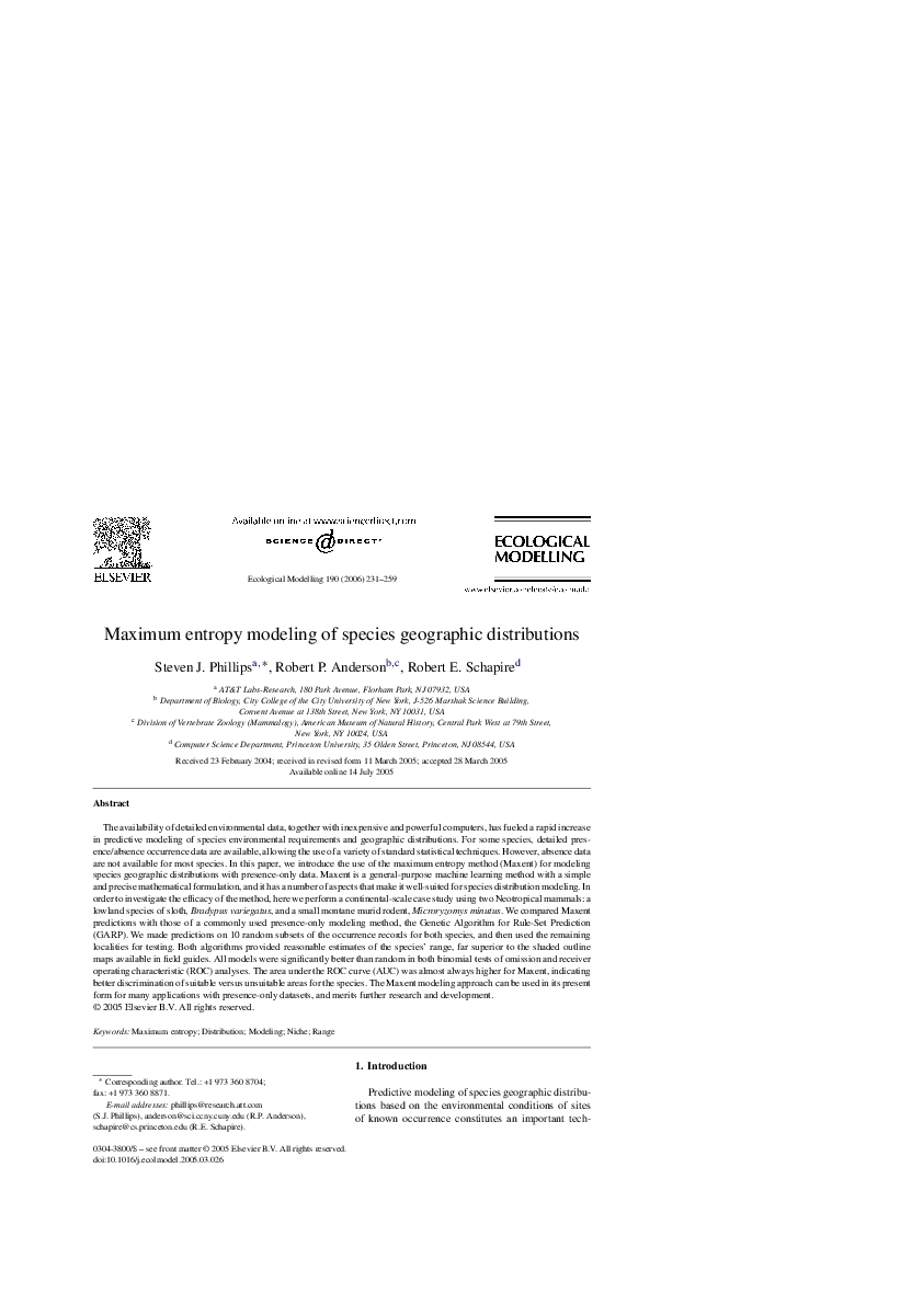 Pdf Maximum Entropy Modeling Of Species Geographic Distributions Sj Phillips Florham Park Nj