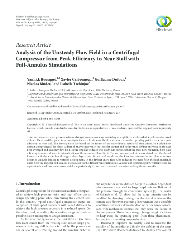(PDF) Analysis of the Unsteady Flow Field in a Centrifugal Compressor from Peak Efficiency to ...