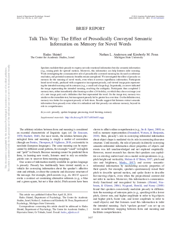 Pdf Talk This Way The Effect Of Prosodically Conveyed Semantic Information On Memory For