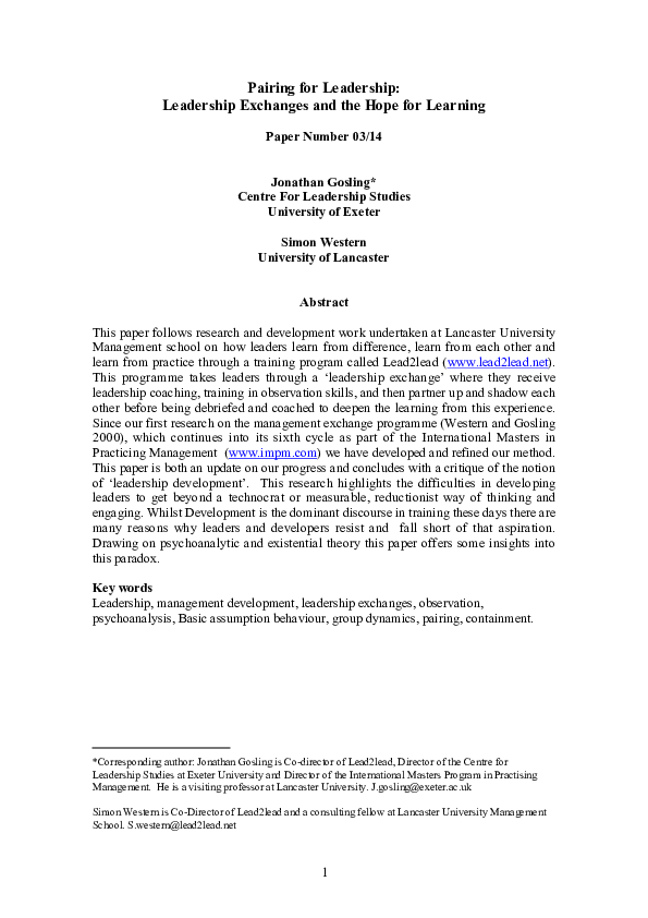 (PDF) Pairing for Leadership: Leadership Exchanges and the Hope for ...