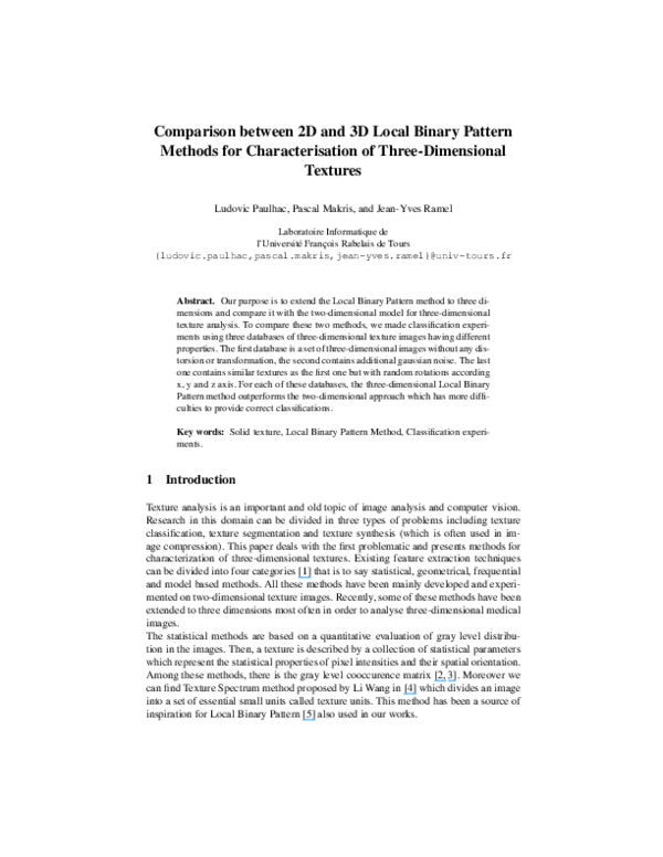 Pdf Comparison Between 2d And 3d Local Binary Pattern Methods For Characterisation Of Three