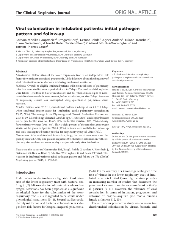 (PDF) Viral colonization in intubated patients: initial pathogen ...
