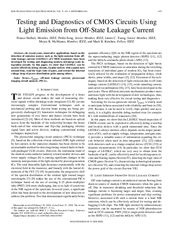 Pdf Testing And Diagnostics Of Cmos Circuits Using Light Emission From Off State Leakage Current