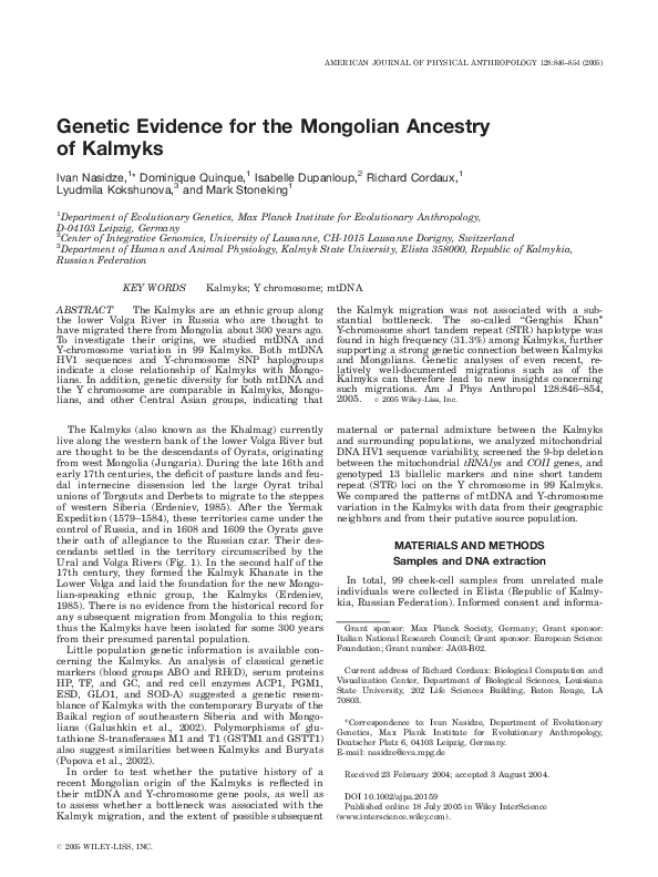 (PDF) Genetic evidence for the Mongolian ancestry of Kalmyks