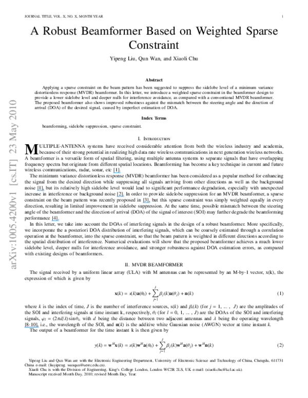 (PDF) A ROBUST BEAMFORMER BASED ON WEIGHTED SPARSE CONSTRAINT (PDF) A ROBUST BEAMFORMER BASED ON WEIGHTED SPARSE CONSTRAINT