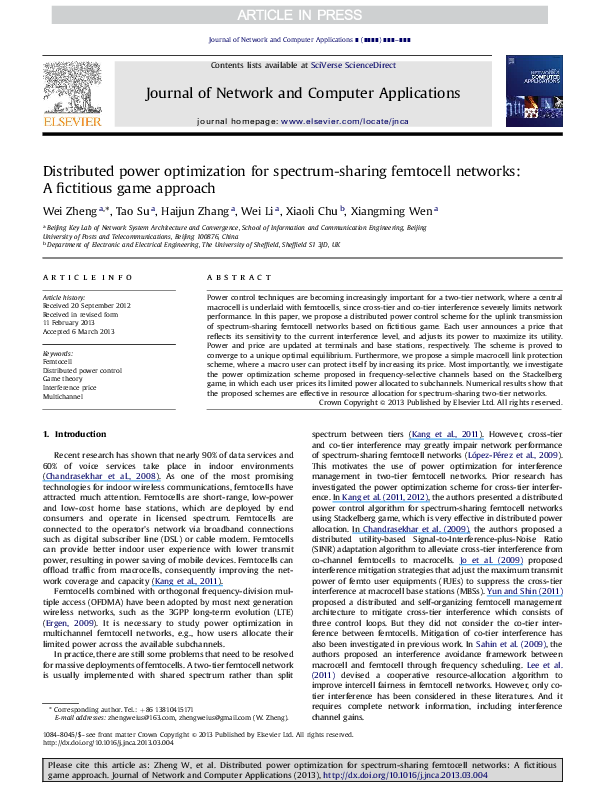 Pdf Distributed Power Optimization For Spectrum Sharing Femtocell