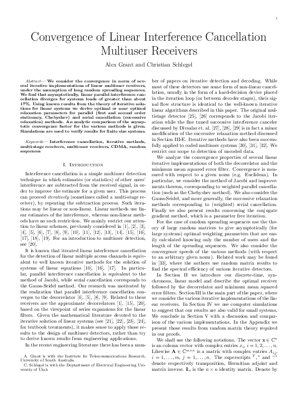 (PDF) Convergence of linear interference cancellation multiuser receivers