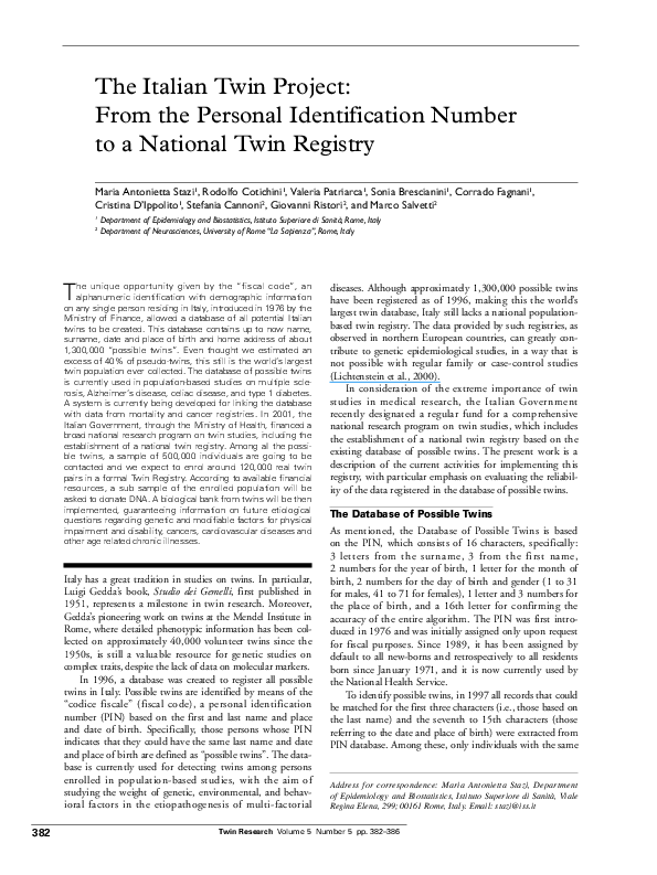 (PDF) The Italian Twin Project: From the Personal Identification Number ...