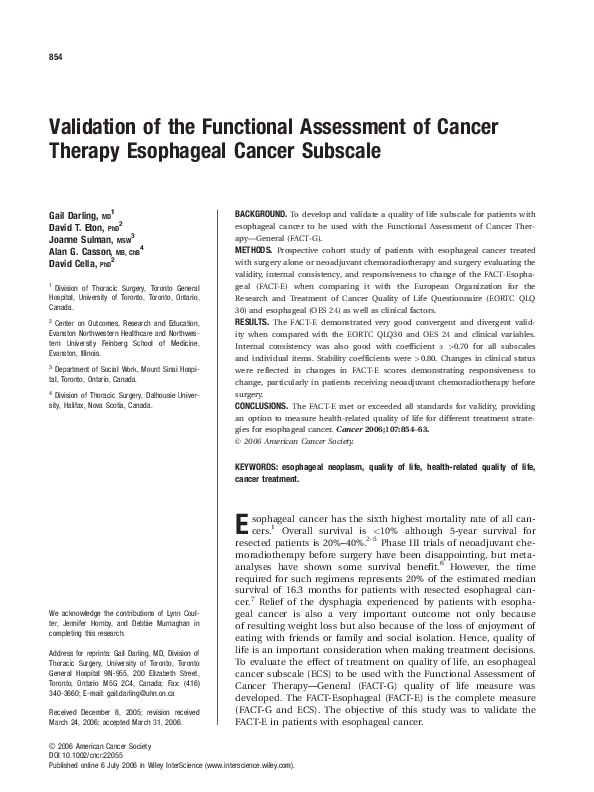 (PDF) Validation of the functional assessment of cancer therapy ...