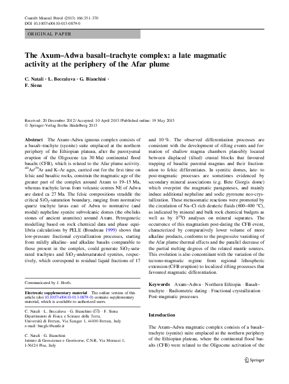 (PDF) The Axum–Adwa basalt–trachyte complex: a late magmatic activity ...