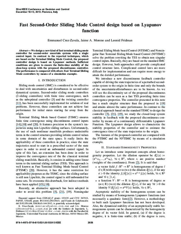 Pdf Fast Second Order Sliding Mode Control Design Based On Lyapunov