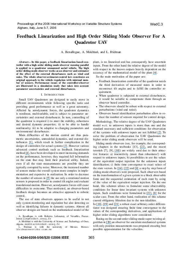 Pdf Feedback Linearization And High Order Sliding Mode Observer For A