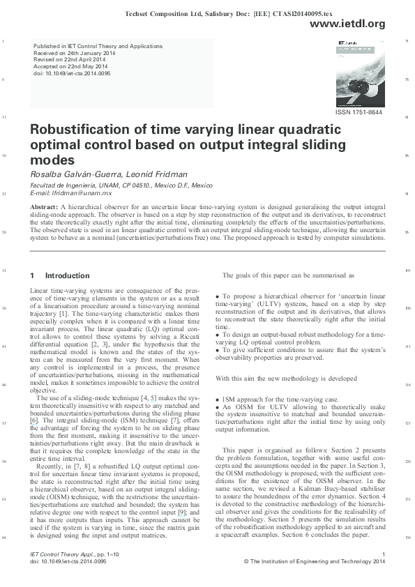 Pdf Robustification Of Time Varying Linear Quadratic Optimal Control Based On Output Integral