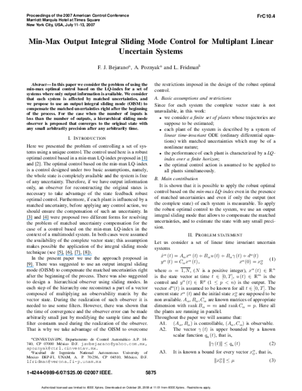Pdf Min Max Output Integral Sliding Mode Control For Multiplant Linear Uncertain Systems