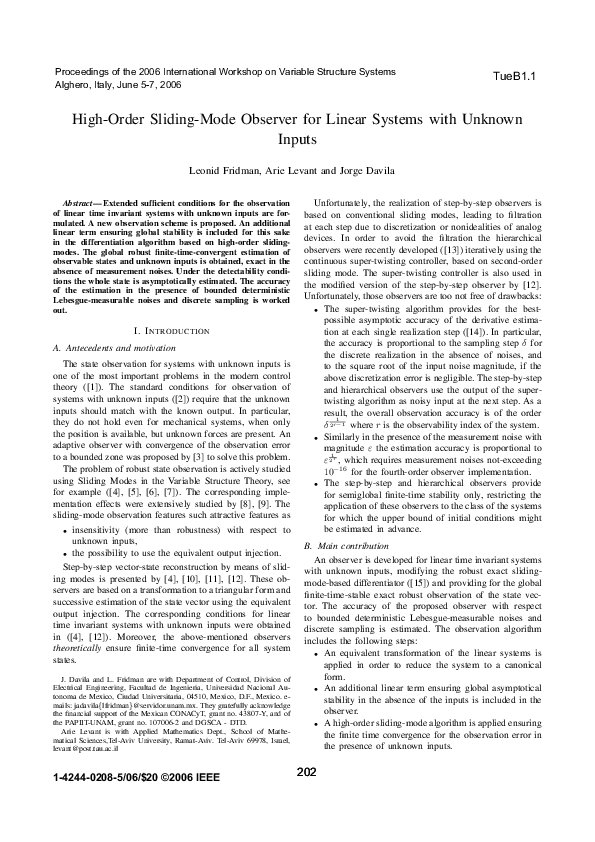 Pdf High Order Sliding Mode Observer For Linear Systems With Unknown Inputs