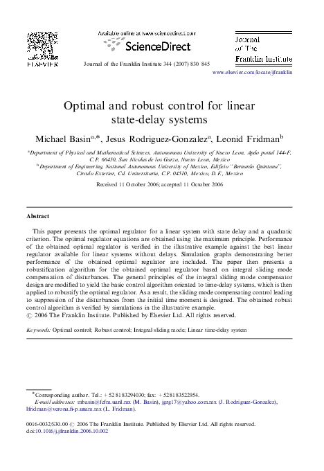 Pdf Optimal And Robust Control For Linear State Delay Systems