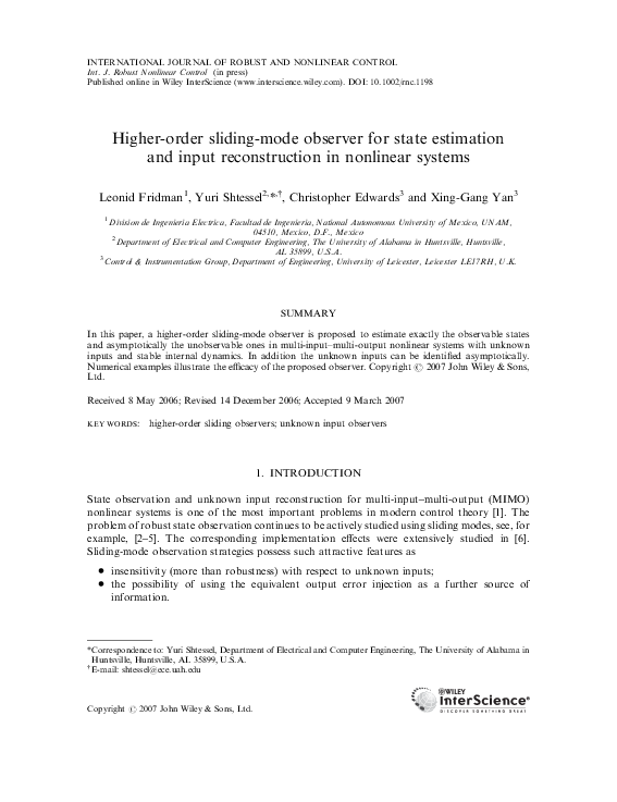 Pdf Higher Order Sliding Mode Observer For State Estimation And Input Reconstruction In